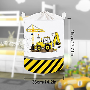 Clastyle 45L Cartoon Yellow Excavator Boys Laundry Basket Bulldozer Crane Engineering Vehicles Kid Hamper Round Toys Clothes Storage Baskets with Drawstring