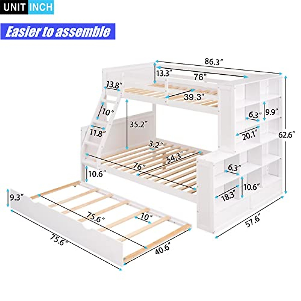 SNIFIT Upgraded Version & Stronger Solid Wood Convertible Bunk Bed Twin Over Full with Trundle & Storage Shelves, Thickened More Stable Wooden Twin Over Full Size Bunk Bed (Easier Assembly) (White)