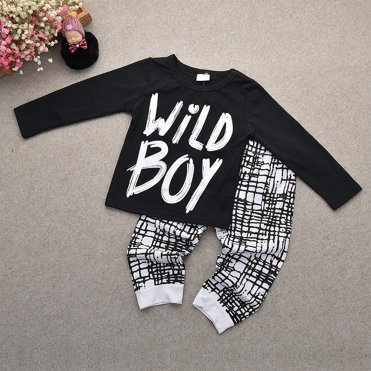 Newborn Baby Boys Clothes Wild Boy Letter Print T-Shirt Tops and Pants Outfits Set Autumn Winter(01 black,12-18 months)