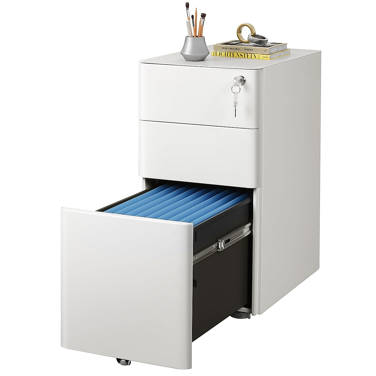 DEVAISE 3-Drawer Slim Vertical File Cabinet, Fully Assembled Except Casters, Legal/Letter Size, White