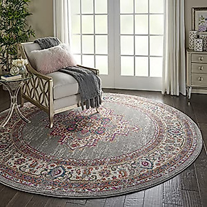 Nourison Passion Grey 8' x Round Area -Rug, Boho, Traditional, Easy -Cleaning, Non Shedding, Bed Room, Living Room, Hallway, (8' Round)