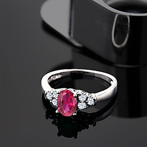 Gem Stone King 925 Sterling Silver Oval Red Created Ruby and White Topaz Ring For Women (0.74 Cttw, Available In Size 5, 6, 7, 8, 9)