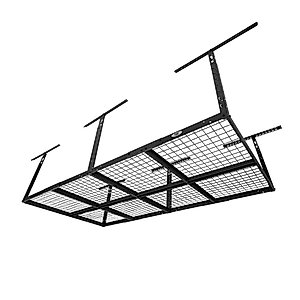 Cat 96 x 48 Inch Adjustable Height Hammer Granite Finished Steel Wire Overhead Garage Ceiling Mount Storage Rack Shelf System, Black