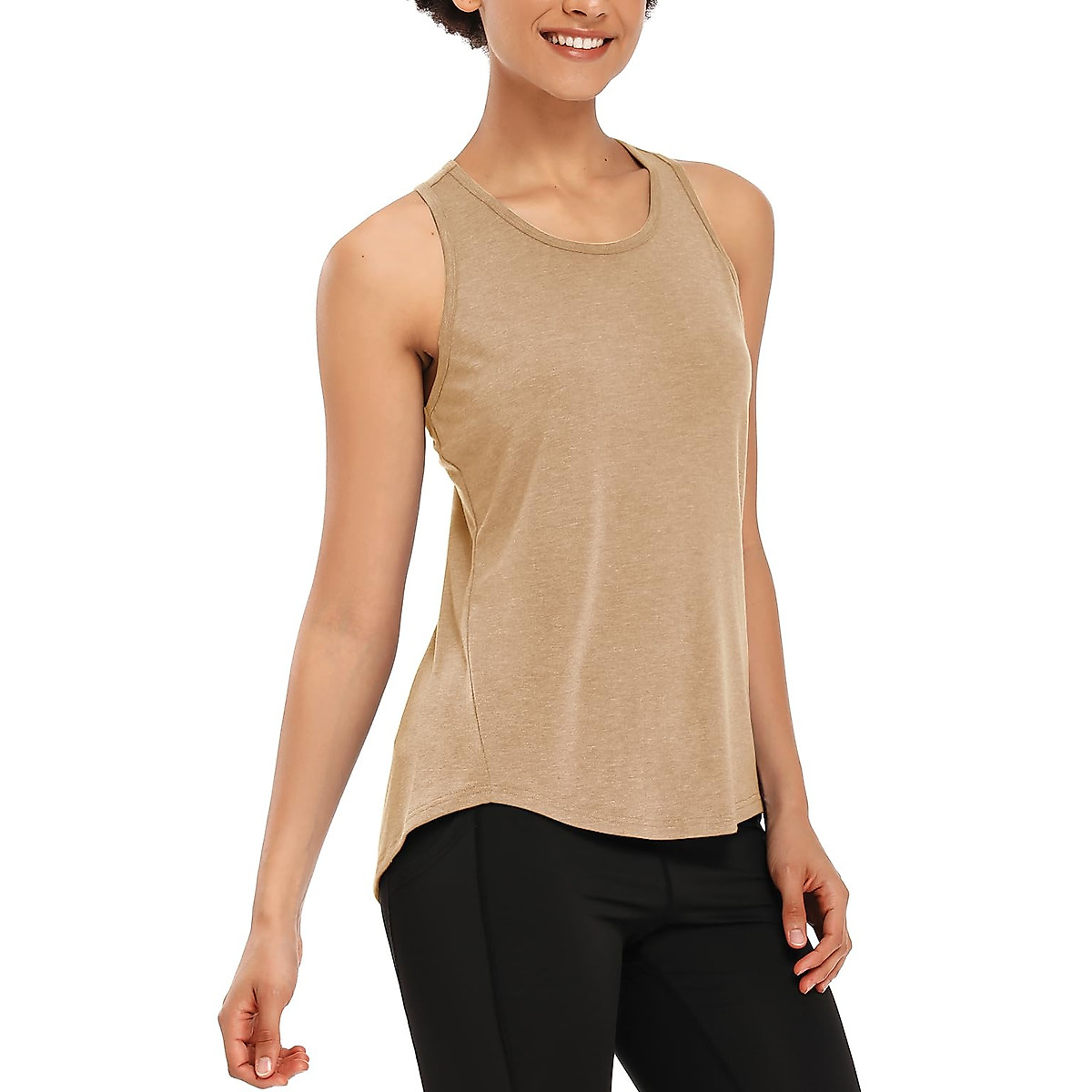 Muzniuer Womens Workout Tops Loose fit Racerback Tank Tops for Women Muscle Tank Running Tank Tops Summer Cute Sleeveless Gym Workout Shirts Light Khaki XL
