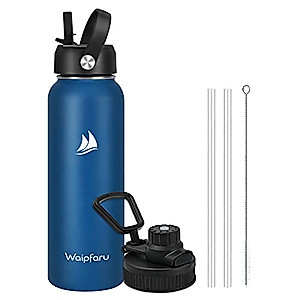 Waipfaru Insulated Water Bottle 40oz, Stainless Steel Water Bottles with Straw Lid, Metal Sports Water Bottle Keep Cold & Hot, Double Wall Vacuum Wide Mouth Sweat-proof for Sports Travel, Navy Blue