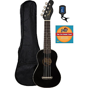 Fender Venice Soprano Ukulele - Black Bundle with Gig Bag, Tuner, and Austin Bazaar Instructional DVD