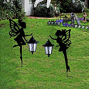 2 Pack Metal Fairy Solar Light Outdoor Decoration, Fairies Hanging Lantern with Ground Stakes Garden Decor, Black Decorative Sign Statue Silhouette Lamp for Outside Lawn, Patio Balcony Yard, Courtyard