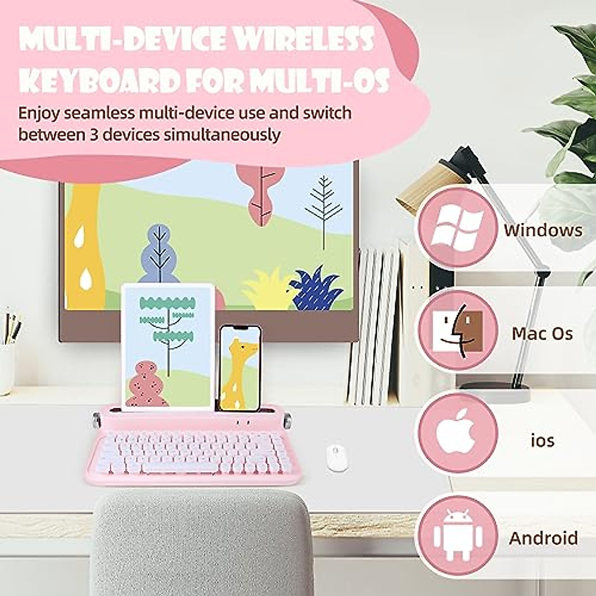 PolaTab ACTTO Retro Bluetooth Wireless Keyboard, 84 Keys Typewriter Style Keyboard with Built-in Stand for iPad, Tablet, iPhone, Smart Phone, PC, Connect up to 3 Devices (B305, Baby Pink)