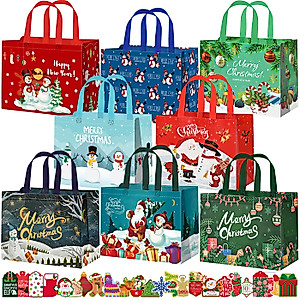 WLUSEAXI 8 Pack Large Christmas Gift Bags with 24 Christmas Gift Tags,Reusable Christmas Tote Bags with Handles,12.6"x9.8"x6.7" Christmas Bags for Gifts Wrapping for Xmas Holiday Party Favor