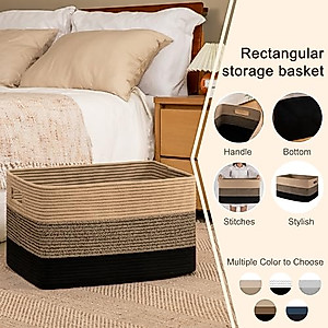 OIAHOMY Large Cotton Rope Basket, Rectangle Woven Baskets for Storage, Nursery Blanket Basket Living Room, Toy Basket with Handle, Large Baskets for Organizing-22”x17”x12”-Yellow Black