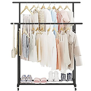 Calmootey Double Rod Clothing Garment Rack,Rolling Hanging Clothes Rack,Portable Clothes Organizer for Bedroom,Living Room,Clothing Store,Black