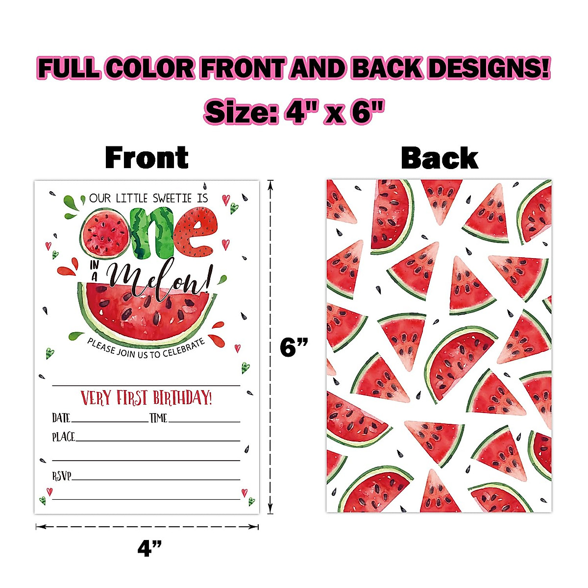 haipino Birthday Party Invitations for Girls Kids, Watermelon Birthday Invites (20 Sets 4" x 6" Cards with Envelopes) - JY658