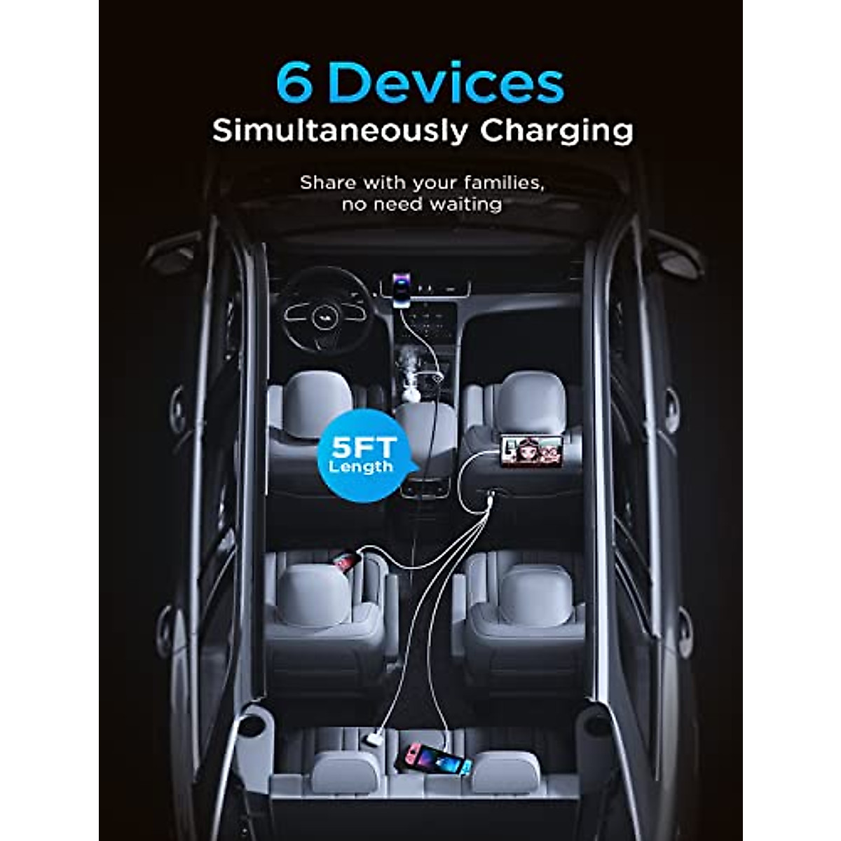 AINOPE 90W USB C Car Charger 6-Port, Super Fast USB Car Charger Fast Charging, PD 30W & QC3.0 Cigarette Lighter Car USB Charger Multi Port with 5FT Cable for iPhone 14/iPad Pro/Samsung S23 Ultra