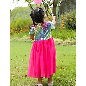 Cilucu Flower Girls Dresses Toddlers Sequin Tutu Dress for Big Girls Pegeant Party Kids Birthday Dress for Wedding Princess Dress Christmas Halloween Dress Rainbow Hot Pink 7-8 Years Old