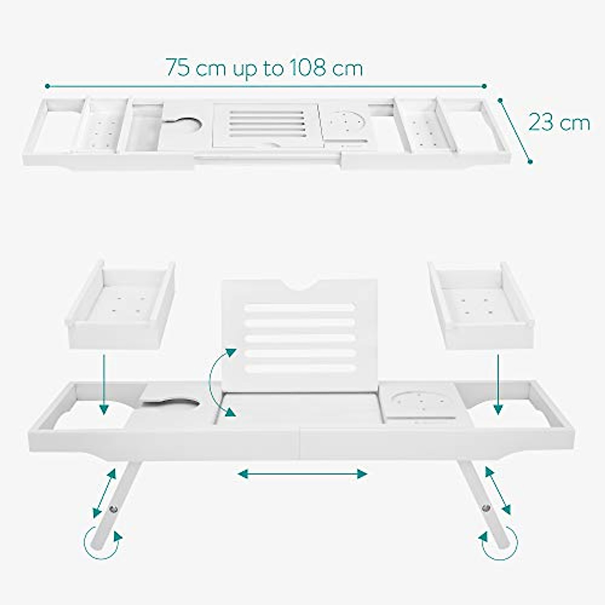 Navaris Bed and Bath Tray - Wooden Rack with Folding Legs - Bamboo Bathtub Caddy Bridge Shelf with Book or Tablet Stand - White