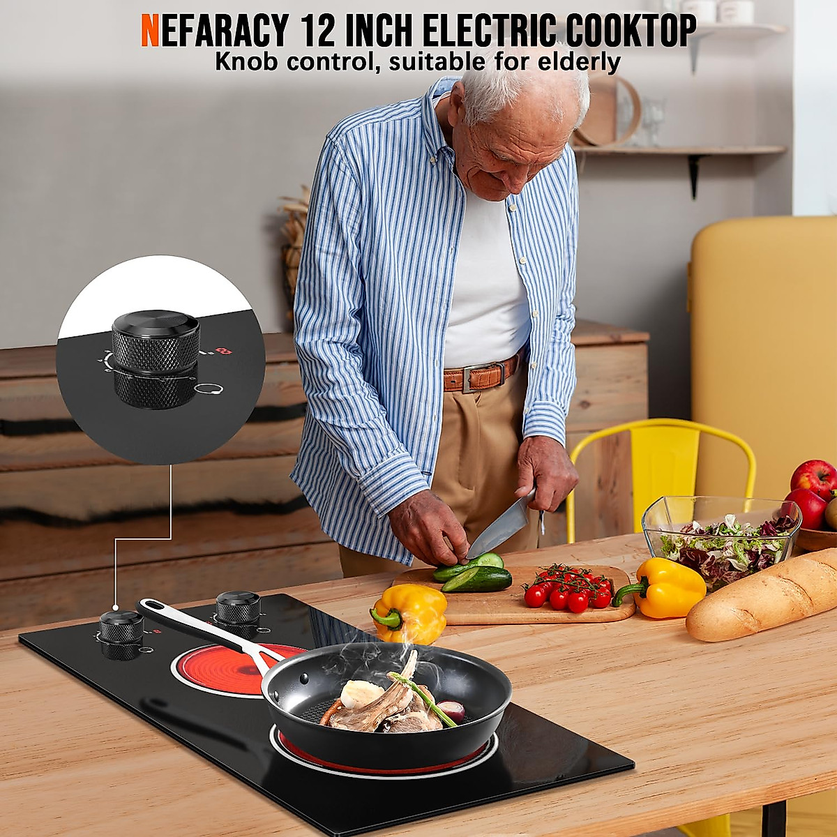 2 Burner Electric Stove, Nefaracy 12 Inch Electric Cooktop with Knob Control, Countertop & Built-in Electrical Stove Top, 2000W Ceramic Cooktop 110V, 9 Heating Level, Residual Heat Indicator, Plug in