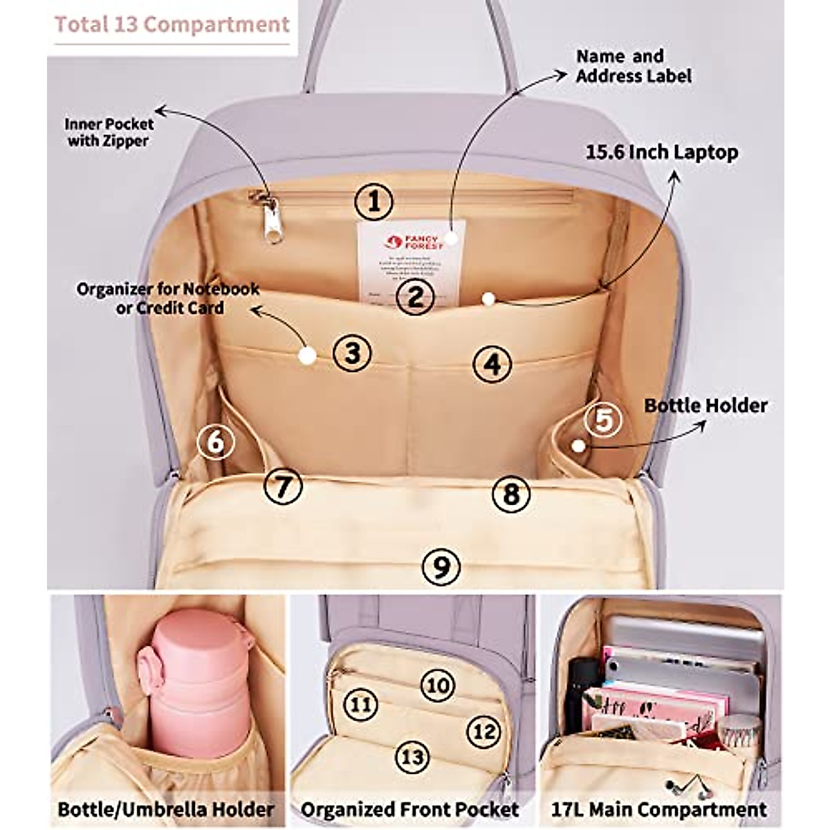 KALIDI Laptop Backpack Casual Women School Bag for 15.6inch Laptop Travel Back Pack with Handle, Water Resistant College High School Girls Work Backpack, Purple