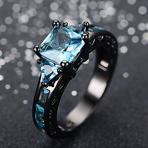 JunXin Black Gold Aquamarine Blue Diamond Antique Rings Princess Cut Wedding Size5/6/7/8/9/10/11(7)