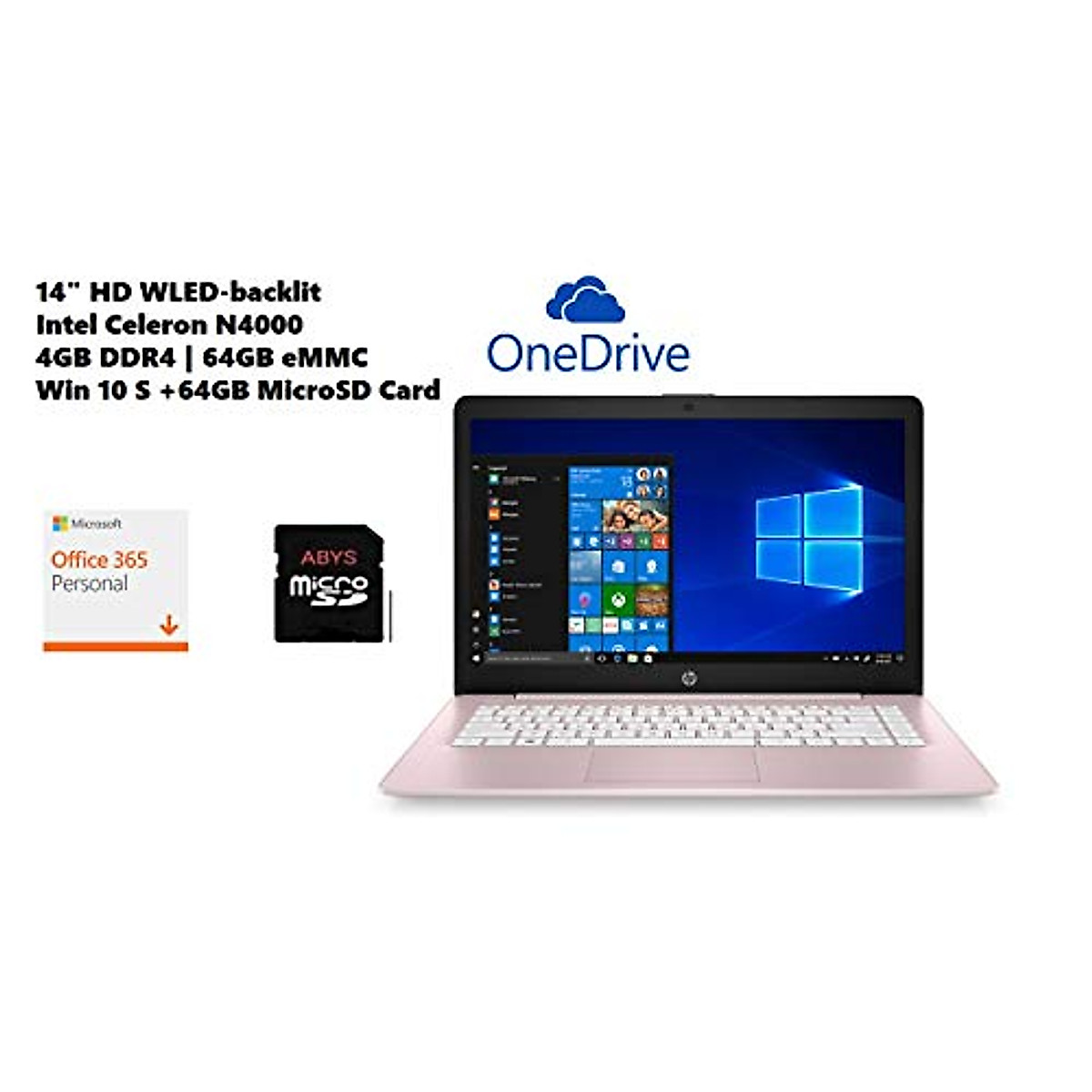 HP Stream 14" HD WLED-backlit Laptop, Intel Celeron N4000, 4GB DDR4, 64GB eMMC, WiFi, Bluetooth, Webcam, HDMI, Windows 10 S, Microsoft Office 365 and 1TB OneDrive Cloud Storage, 64GB ABYS MicroSD Card