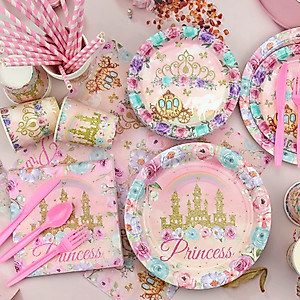 Princess Birthday Party Supplies, Includes Banner, Plates, Tulle, Napkins, Cake Toppers, Crowns, Wands, Balloons, Tablecloths, for Girls Princess's Themed Baby Shower Decorations, Serve 20 (Style A)