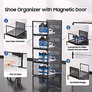 eWonLife Large Storage Box with Magnetic Door, 12 Pack Clear Plastic Stackable Sneaker Organizer for Closet, Connect Left and Right Shoe Containers Bins for Entryway, Drop Front, Under Bed, Black