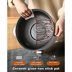 RUNHU Electric Hot Pot with Steamer, 4L Non-Stick Electric Frying Pan with Multi-Power Control, 3.1" Depth Multifunctional Cooker with Overheating Protection for Shabu Shabu, Noodles, Sauté (White)