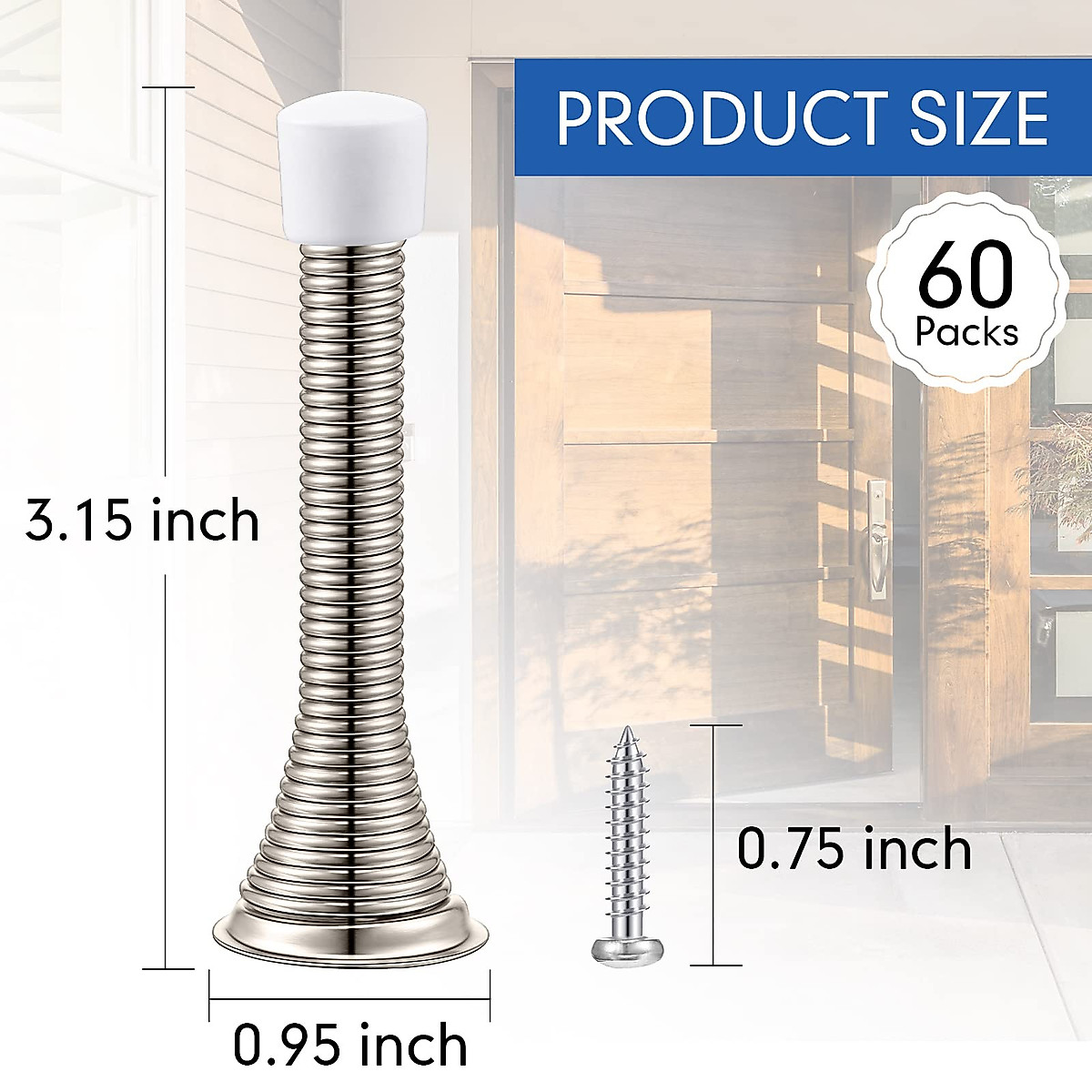 60 Pcs Spring Door Stopper Bulk 3-1/8" Wall Mounted Stainless Steel Spring Door Stops Heavy Duty Flexible Door Stopper with Rubber Bumper Tips Screw in Door Stoppers Wall Protector for Office Home