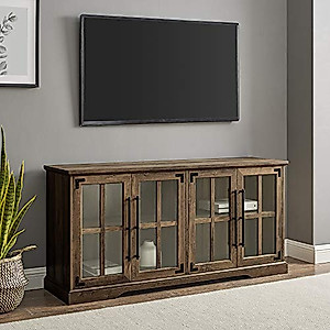 Walker Edison Farmhouse Barn Glass Door Wood Universal TV Stand for TV's up to 64" Flat Screen Living Room Storage Cabinet Doors and Shelves Entertainment Center, 58 Inch, Rustic Oak