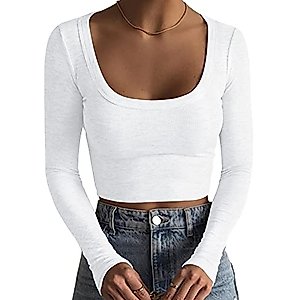 Artfish Women's Square Neck Long Sleeve Ribbed Slim Fitted Casual Basic Crop Top (White, S)
