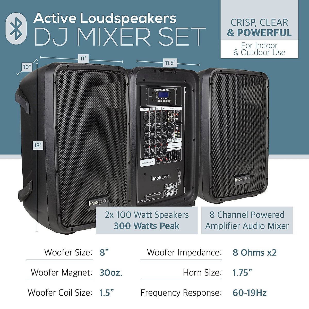 Knox Gear Dual Speaker and Mixer Set–Portable 8” 300 Watt DJ PA System with Wired Microphone & Tripod Stands, Amplifier, Bluetooth, USB, SD, 1/4” Line RCA, XLR Inputs, Ideal for a party or event