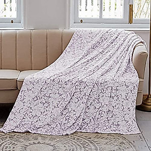 FY FIBER HOUSE Flannel Fleece Throw Blanket Super Soft Lightweight Microfiber with Flower Print for Couch, 50"X60", Lavender
