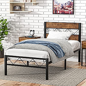 VECELO Twin Metal Platform Bed Frame with Rustic Vintage Wooden Headboard, Heavy Duty Metal Slats Support, Platform Mattress Base No Box Spring Needed, No Noise, Easy Assembly