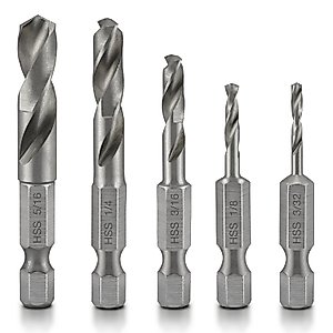 NEIKO 11402A Stubby Drill Bit Set for Metal, 5 Piece 1/4" Quick Change Hex Shank, M2 High Speed Steel for Quick Change, Chucks and Drives Drill Bit Holder Included, Hex Shank Drill Bit Set