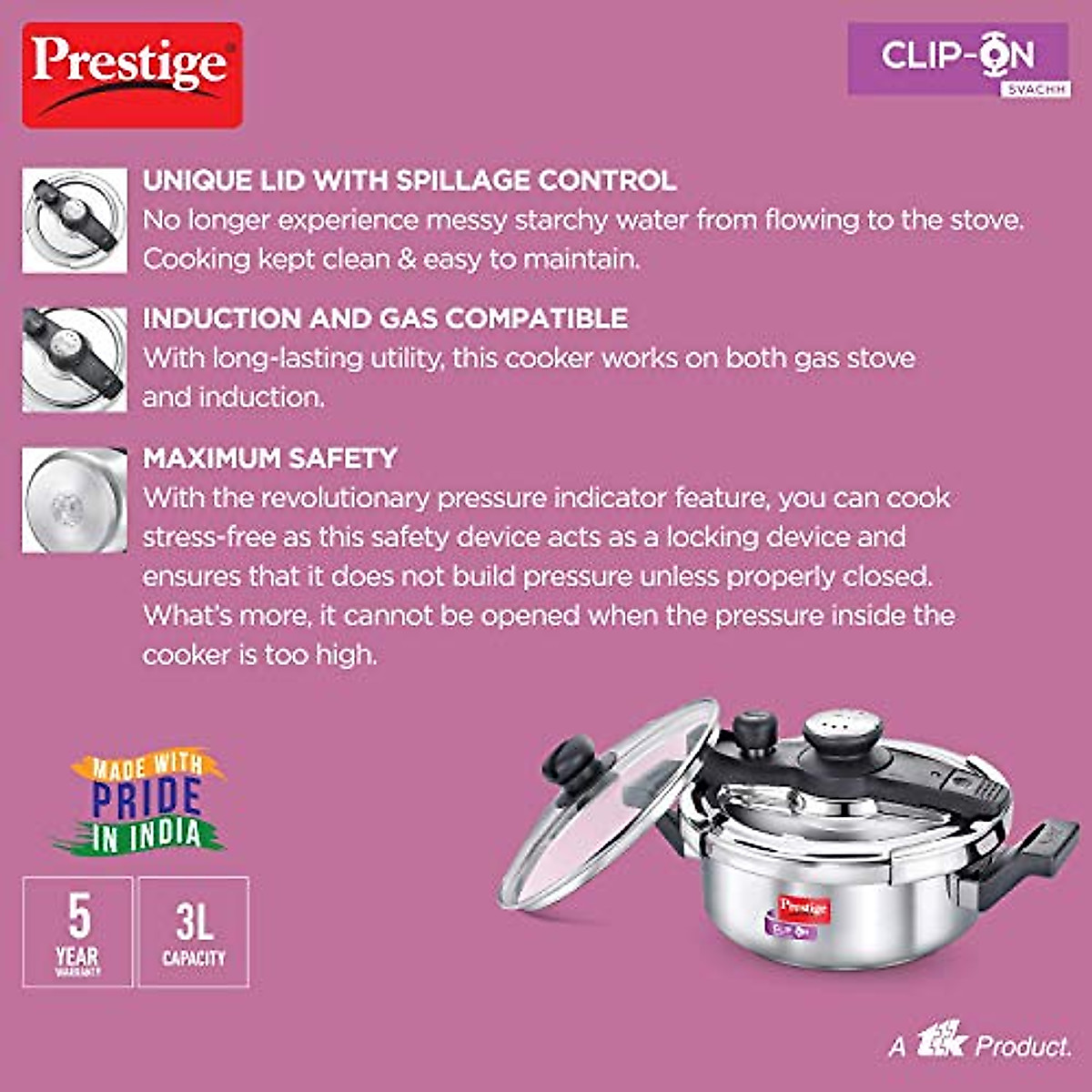 PRESTIGE Clip-on Svachh 3 Litre Stainless Steel Pressure Cooker, silver, standard