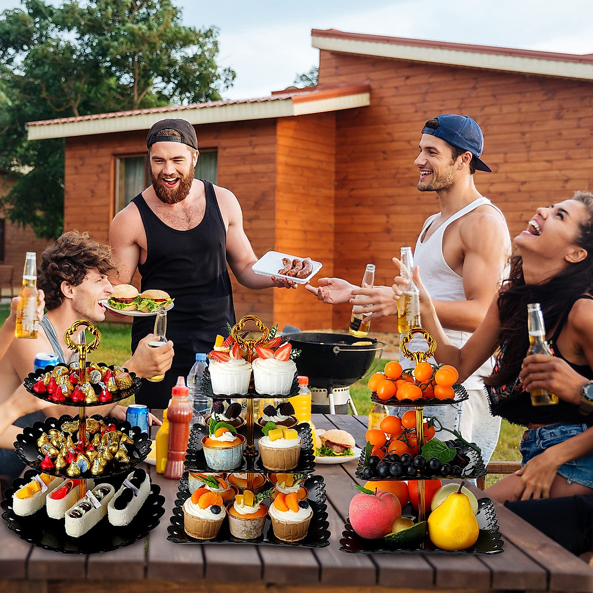 8 Pieces 3 Tier Plastic Cupcake Stand Black Pastry Stand Cake Fruit Candy Dessert Table Display Set Tiered Serving Tray Round and Square Cup Cake Tier Stand for Wedding Birthday Tea Party Decoration