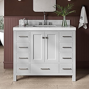 ARIEL Cambridge 42 Inch Bathroom Vanity with Sink, Grey Bathroom Vanity, Solid Wood Vanity Cabinet, Carrara Marble Top, 2-Inch Edge, Rectangular Undermount Sink, 2 Soft Closing Doors, 9 Drawers