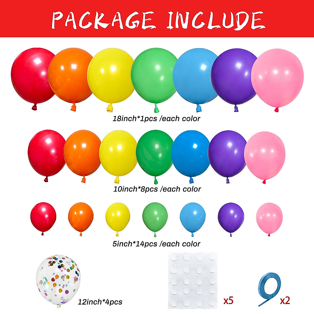 162 Pcs Rainbow Garland Balloon Kit mixed size 18 12 5 Inch Rainbow arch balloon kit for Birthday Baby Shower Wedding.