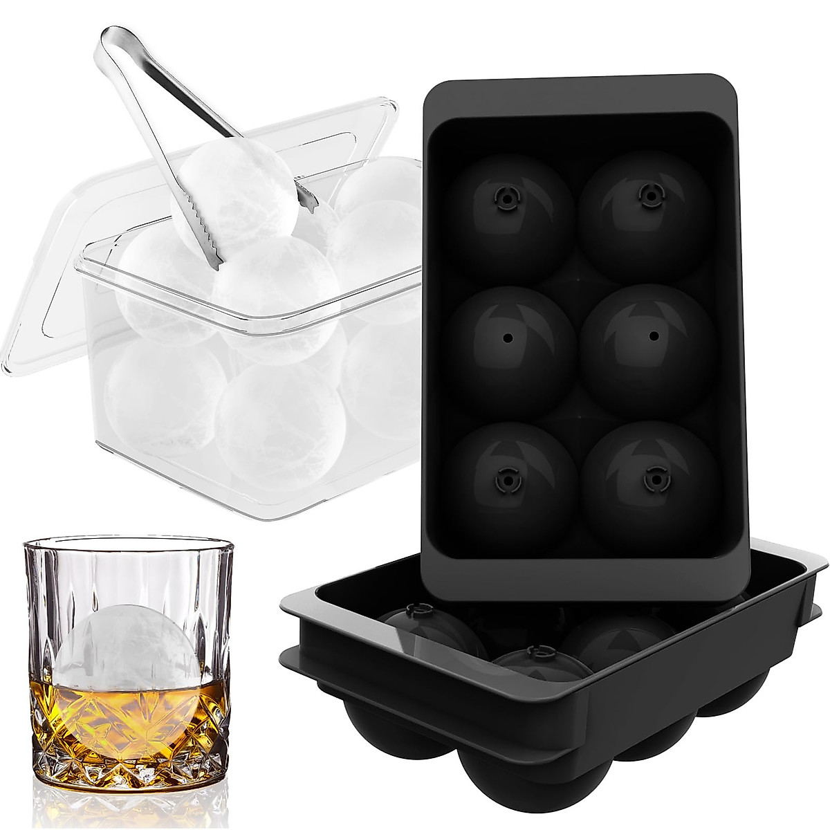 WIBIMEN Large Ice Cube Molds, Big Round Whiskey Ice Cube Trays for Freezer, Easy to Fill & Release, Whiskey Bourbon Cocktail(1.9In*6 Balls- Black/2 Pack)
