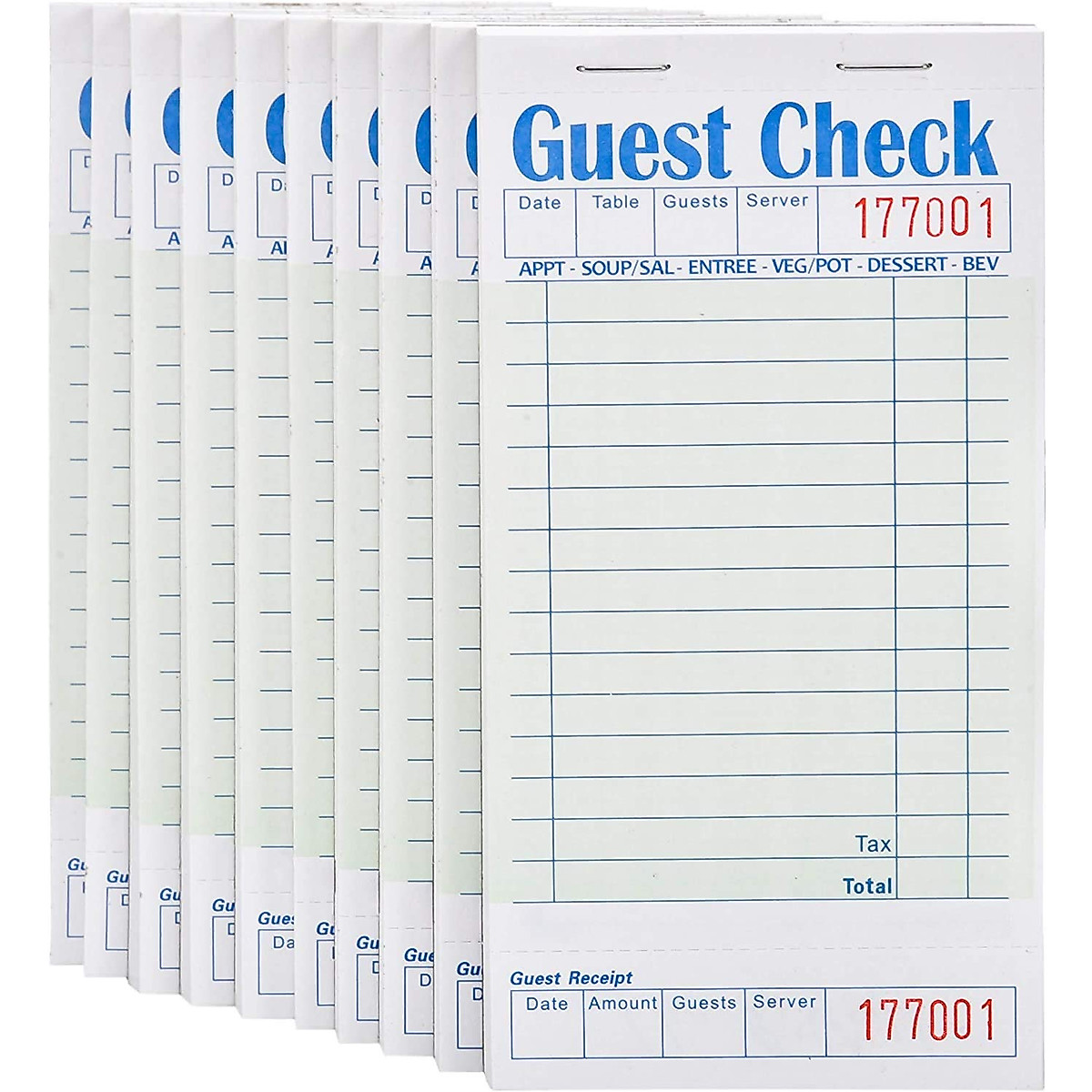 [10 Pads, 50 Sheets/Pad] Single Part Guest Checks Notebook/Notepad for Food Kitchen Orders | Fits Staff Server Apron | Green and White Guest Receipt Book | For Business Bar Cafe Restaurant Waitress