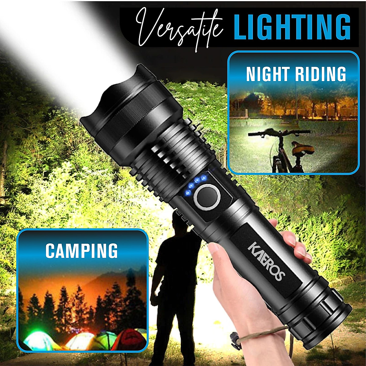 KAEROS Tactical Led Flashlight - flashlights high lumens, Small Flashlight, Waterproof, Rechargeable Flashlight with 5 Modes, flashlights for Emergencies, for Work, Dog Walking Flashlight