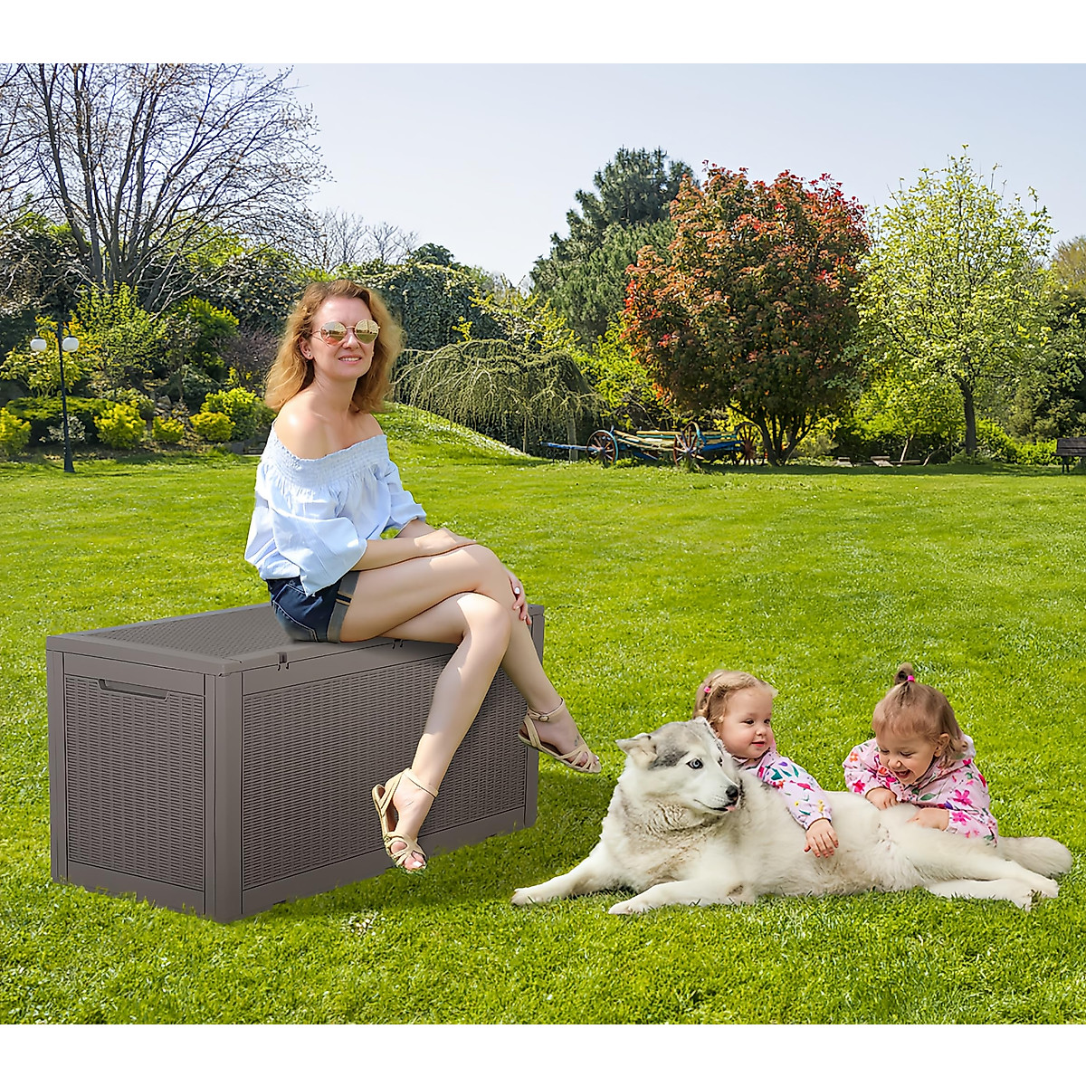 GINMAON Large Resin Deck Box 100 Gallon, Outdoor Storage Box Waterproof with Lockable Lid, Outdoor Storage Bench UV Resistant for Outdoor Cushion & Patio Furniture/Garden Tools/Pool Supplies, Tan