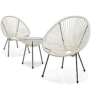 MoNiBloom 3 Piece Outdoor Acapulco Set All-Weather Patio Balcony Conversation Bistro Outside Set with Glass Top Table and 2 Chairs for Indoor Patio Lawn Garden, Weight Capacity 250 lbs, White