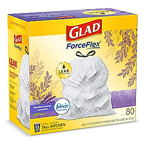 Glad ForceFlex Tall Kitchen Drawstring Trash Bags 13 Gallon White Trash Bag, Mediterranean Lavender scent with Febreze Freshness 80 Count (Package May Vary)