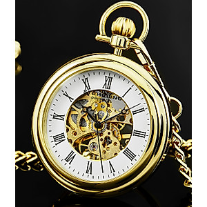 Stuhrling Original Men's Pocket Watch Stainless Steel Analog Skeleton Watch Hand Wind Mechanical Movement Stainless Steel Chain (Silver) (Gold)