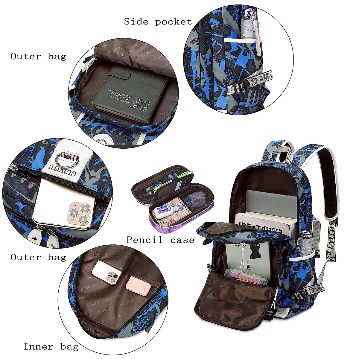 GUIVITU Kids Backpack for Girls School Bag Children Bookbag Casual Daypack with Lunch bag Set