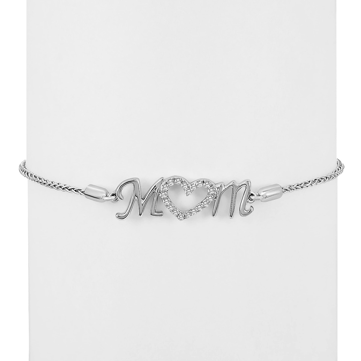 ARAIYA FINE JEWELRY 925 Sterling Silver Round-shape Diamond Mom Heart Bolo Bracelet (1/10 cttw, I-J Color, I2-I3 Clarity), 7''
