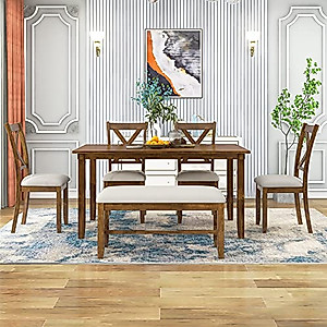 XD Designs Wooden Rectangular Dining Table Set, 6-Piece Kitchen Dining Table Set with 4 Upholstered Chairs and 1 Bench (Brown-6pcs)