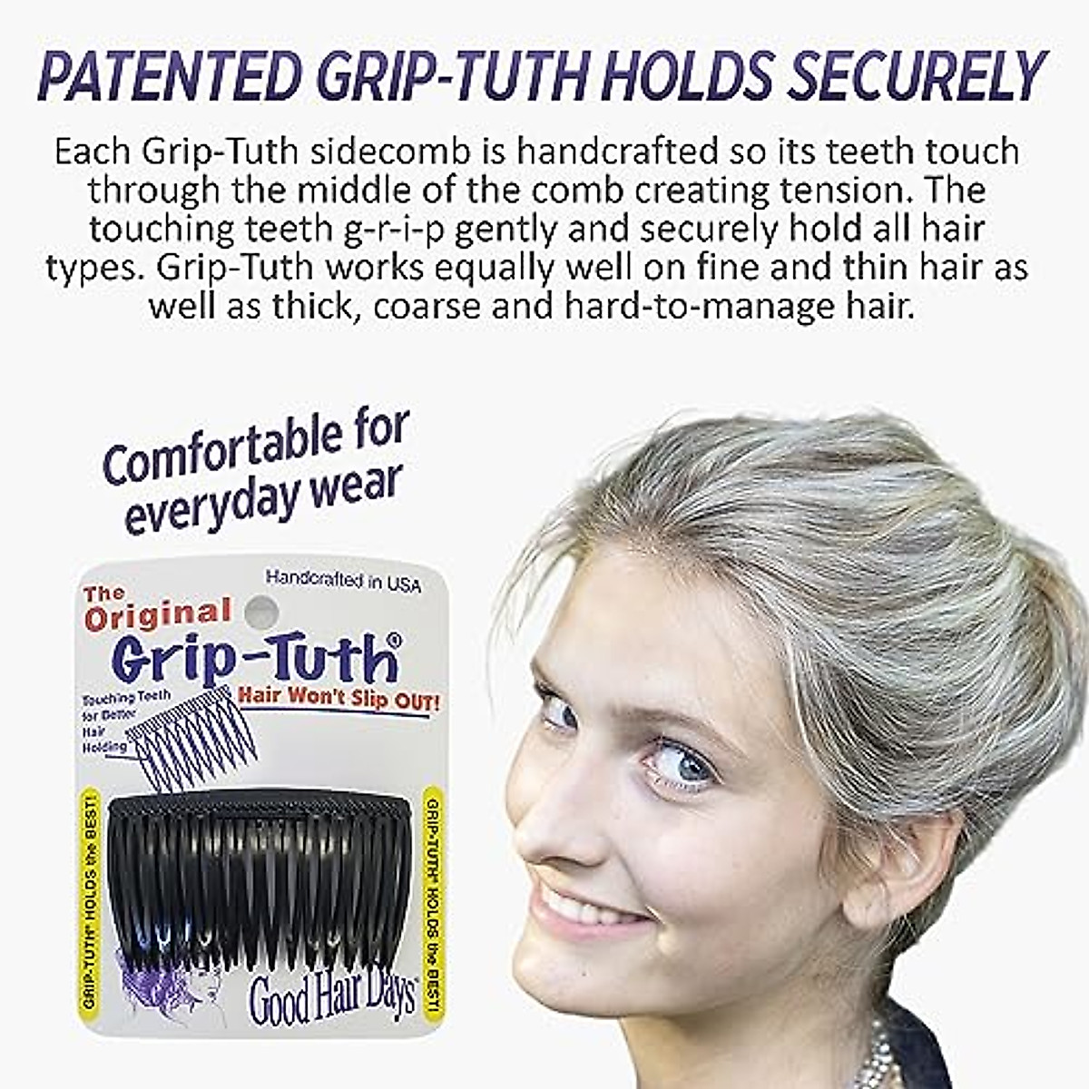 Good Hair Days Grip-Tuth Shorty Combs - Decorative & Styling Combs for Fine and Thin Hair (Crystal, 2 Count - 1 3/4 inch)