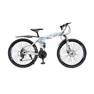 FLYHERO Folding Mountain Bike, 26" Womens 21-Speed Mountain Folding Bike, Carbon Steel Frame Mountain Bike, with Dual-Disc Brake, Blue&White