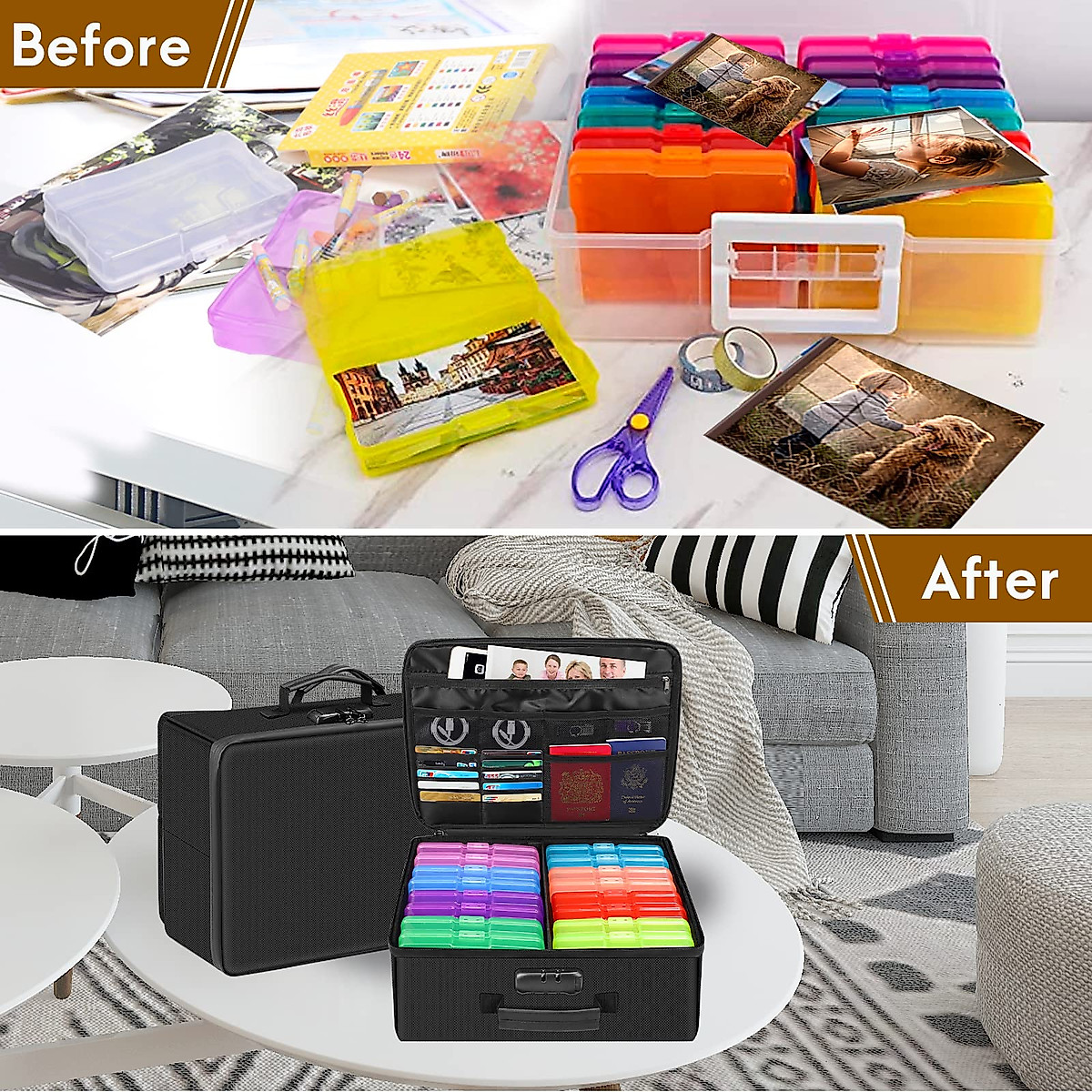 DocSafe Photo Storage Box with Lock,Fireproof Photo Organizer Box with 16 Inner 4" x 6" Photo Case(Multi-Colored),Collapsible Portable Photo Filing Safe Storage with Water-Resistant Zipper for Photos